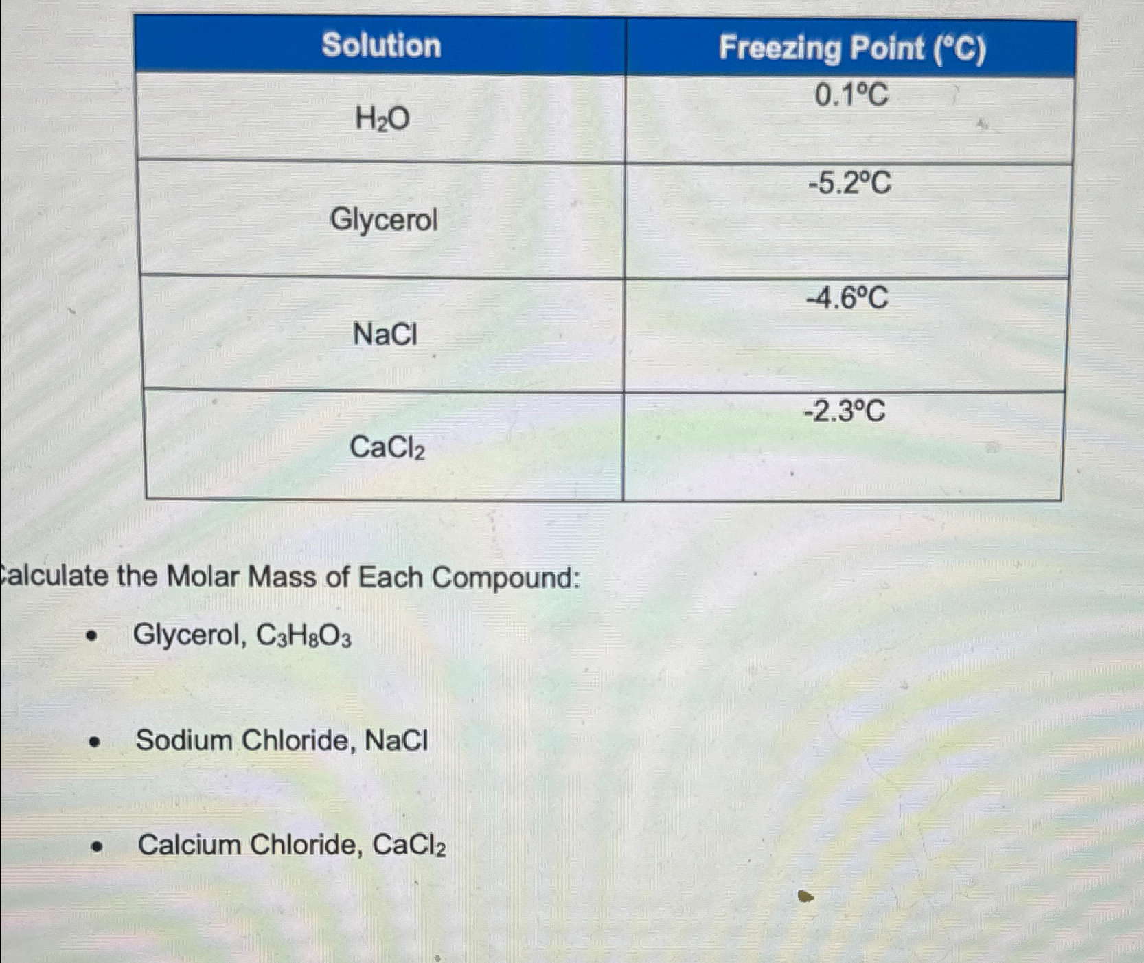 Solved \table[[Solution,Freezing Point (°C) | Chegg.com