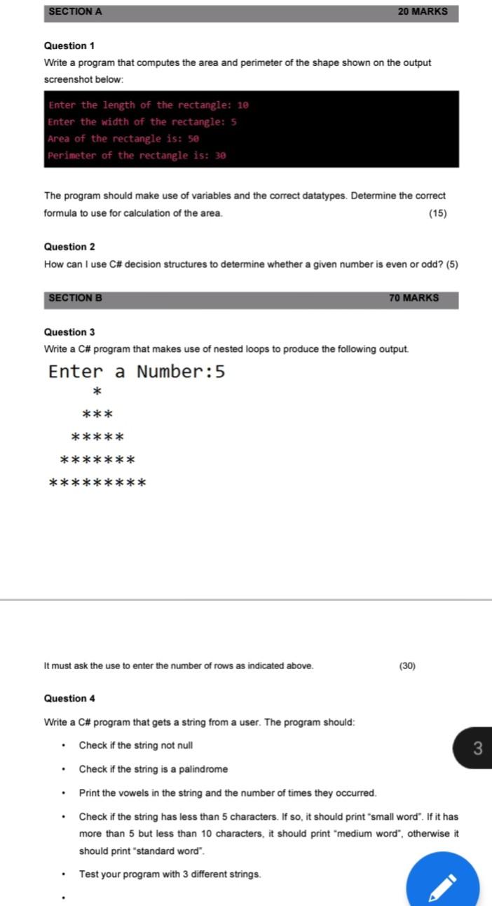 Solved Question 1 Write A Program That Computes The Area And