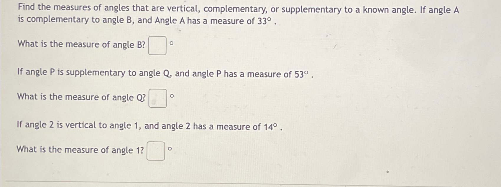 Solved Find the measures of angles that are vertical, | Chegg.com