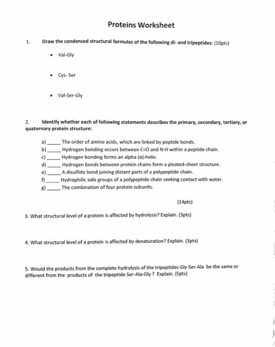 Solved 1. Proteins Worksheet Draw the condensed structural | Chegg.com
