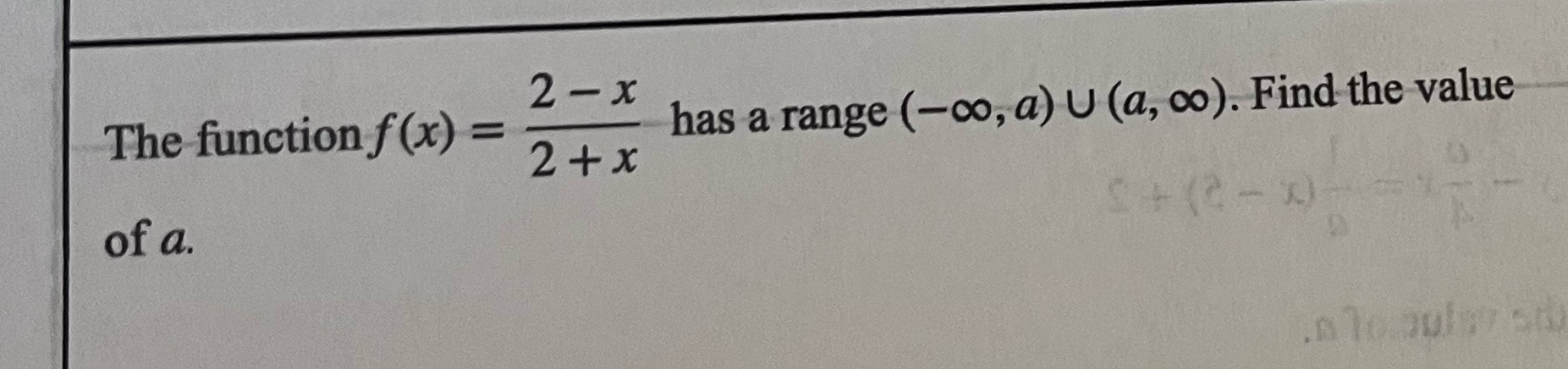 Solved The function f(x)=2-x2+x ﻿has a range (-∞,a)∪(a,∞). | Chegg.com