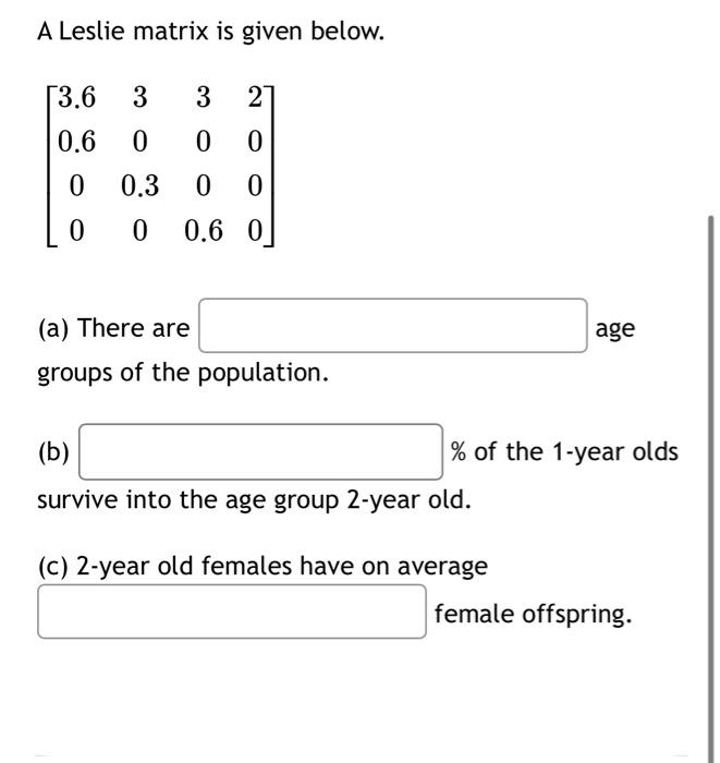 Solved A Leslie matrix is given below. | Chegg.com