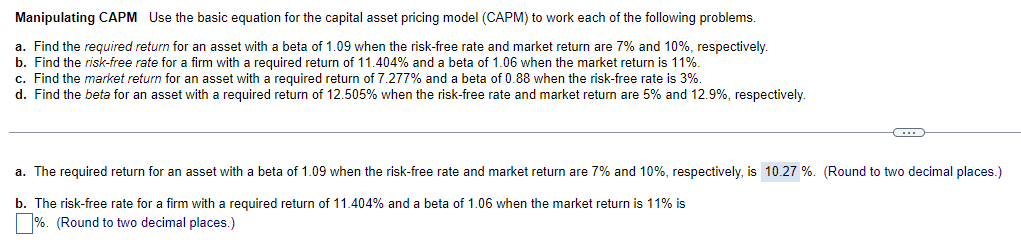 Solved Manipulating CAPM Use the basic equation for the | Chegg.com