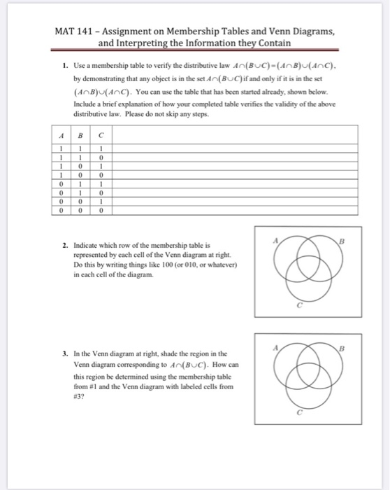 Solved MAT 141 - Assignment on Membership Tables and Venn | Chegg.com