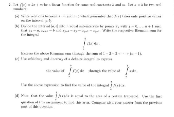 Solved Let f(x)=kx+m be a linear function for some real | Chegg.com