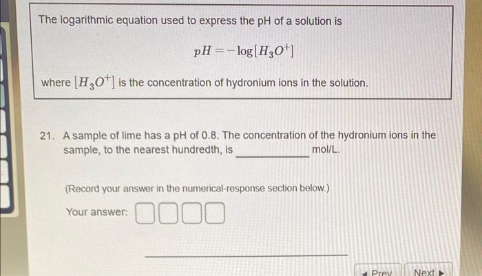 Solved The logarithmic equation used to express the pH of a | Chegg.com