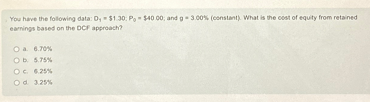 Solved You have the following data: D1=$1.30;P0=$40.00; and | Chegg.com
