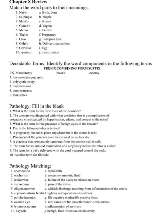 Solved Chapter 8 Review Match the word parts to their | Chegg.com