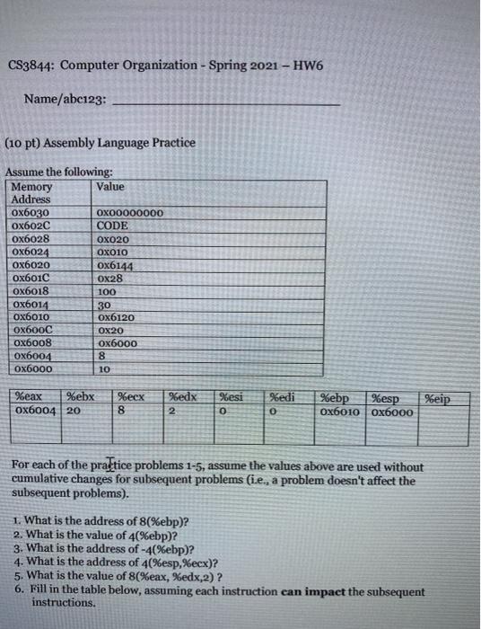 6. Fill in the table below, assuming each instruction | Chegg.com
