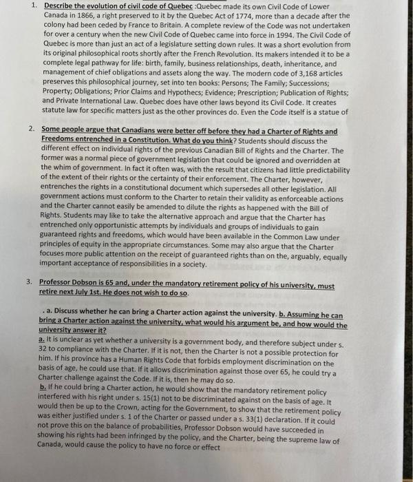 Solved 1. Describe the evolution of civil code of Quebec | Chegg.com