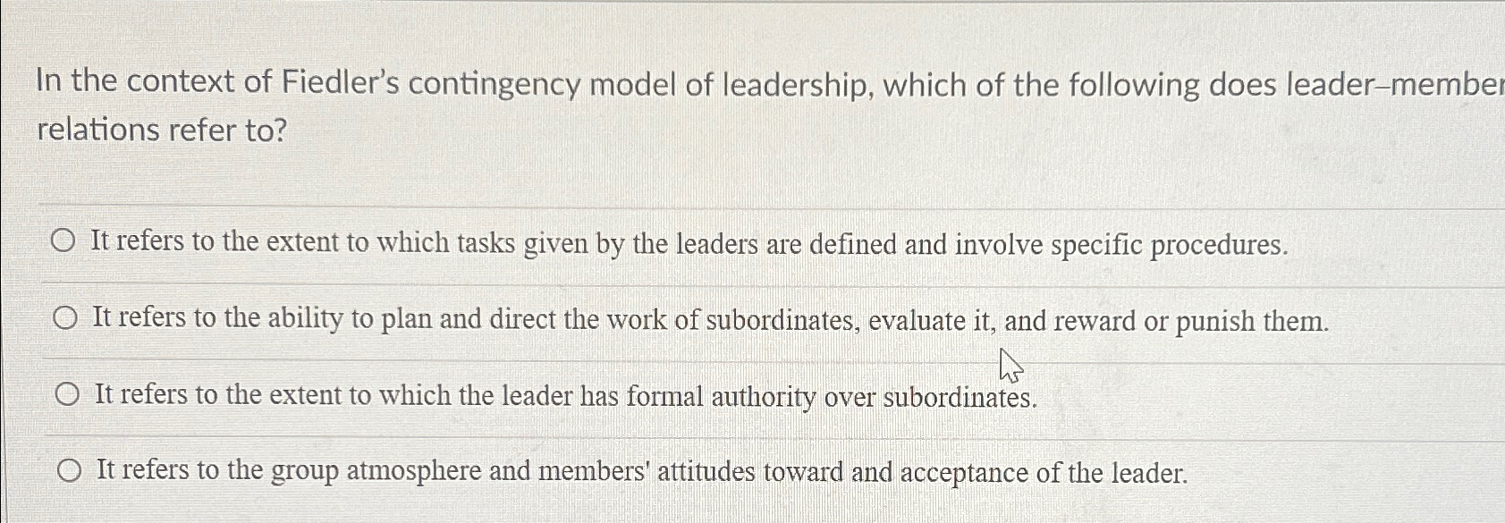 Solved In the context of Fiedler's contingency model of | Chegg.com