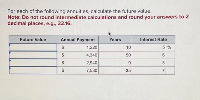 Solved For each of the following annuities, calculate the | Chegg.com