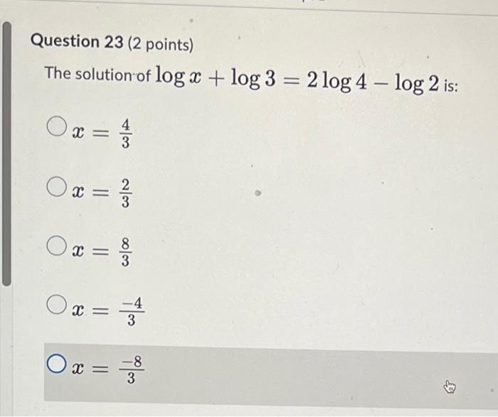 Solved Solve for x:log(x)=2log(5)+3log(4) 89 1600 20 120 | Chegg.com