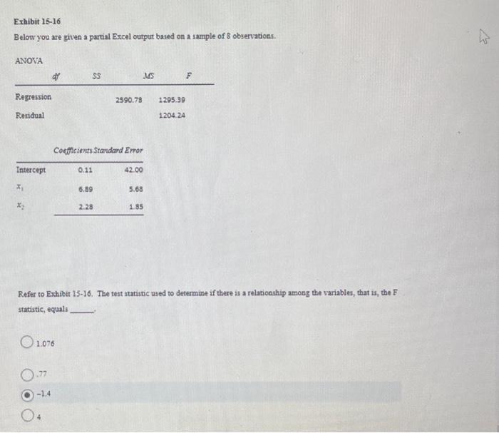 Solved Exhibit 15 16 Below You Are Given A Partial Excel