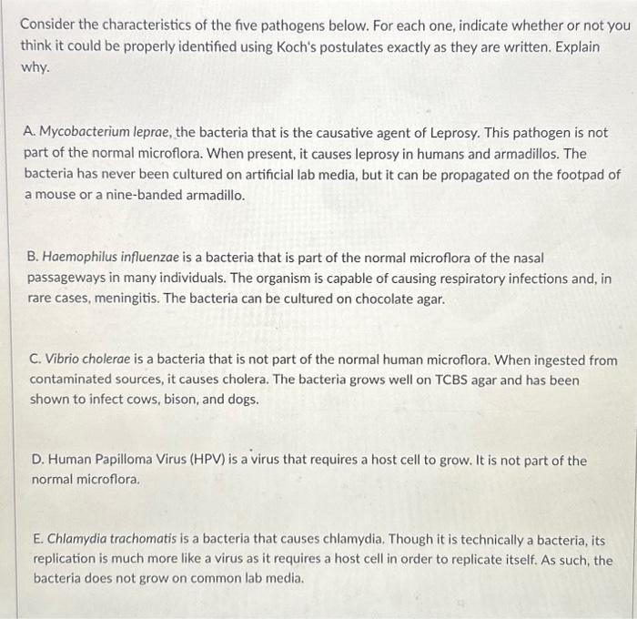 Solved Consider the characteristics of the five pathogens | Chegg.com