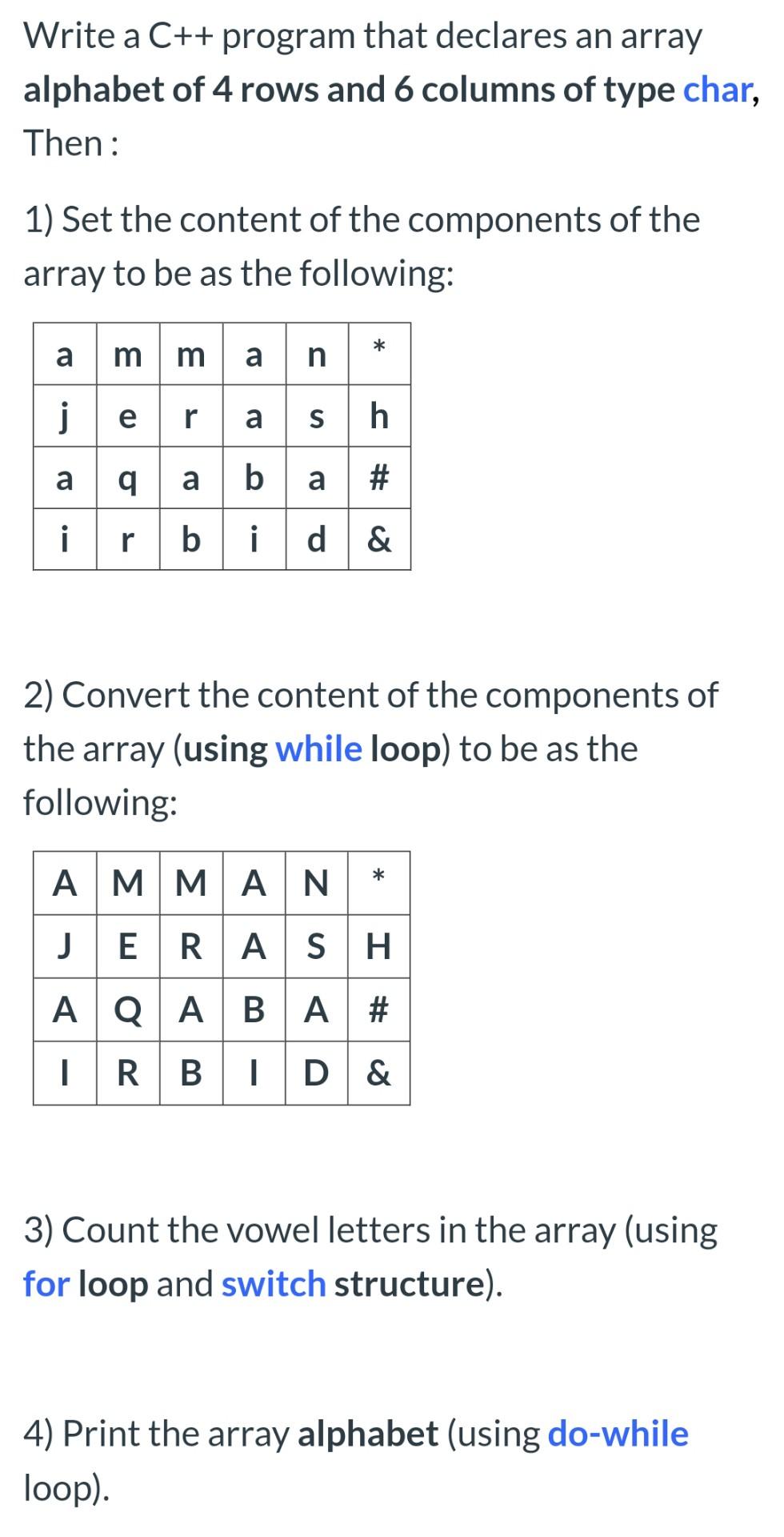 Solved Write a C++ program that declares an array alphabet | Chegg.com