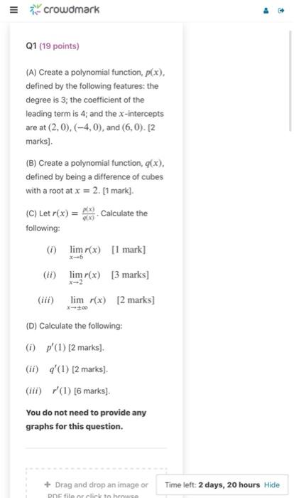 Solved = crowdmark Q1 (19 points) (A) Create a polynomial | Chegg.com