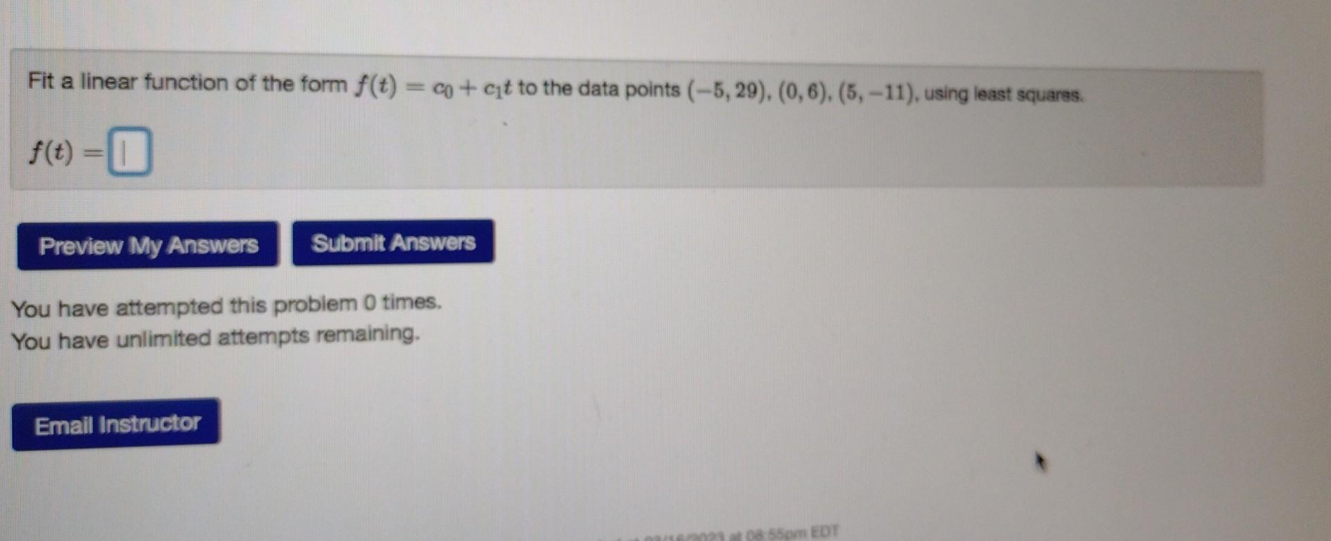 Solved Fit a linear function of the form f(t)=c0+c1t to the | Chegg.com