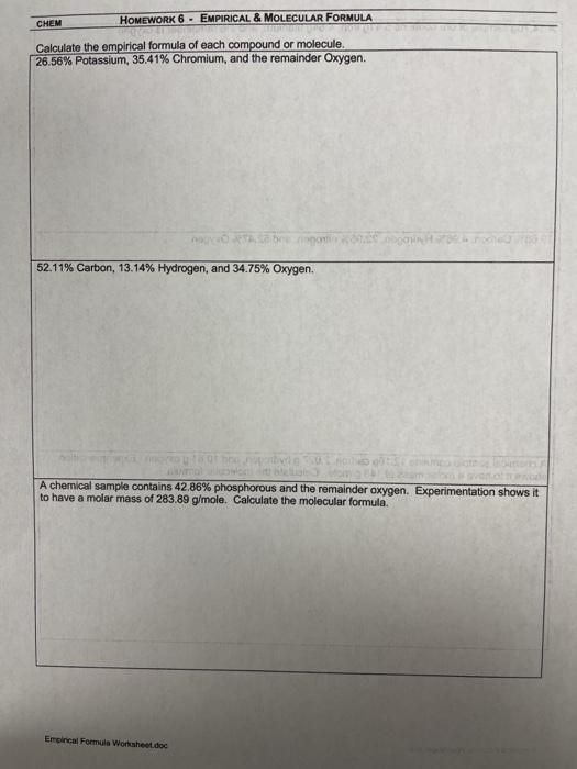 Solved CHEM HOMEWORK 6 - EMPIRICAL & MOLECULAR FORMULA | Chegg.com