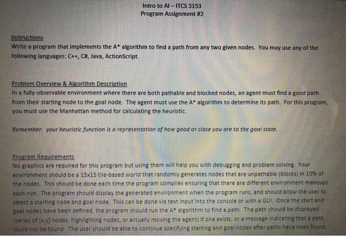 Solved Intro to Al- ITCS 3153 Program Assignment #2 | Chegg.com