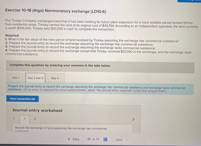 Solved Exercise 10-18 (Algo) Nonmonetary exchange (LO10-6] | Chegg.com