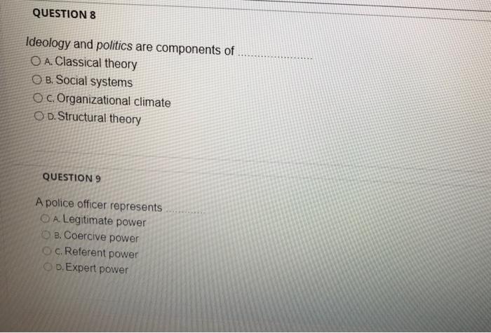 Solved QUESTION 8 Ideology and politics are components of O | Chegg.com