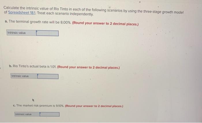Solved Calculate the intrinsic value of Rio Tinto in each of | Chegg.com