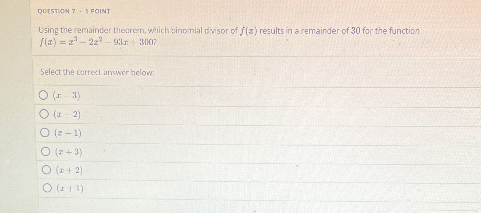Solved QUESTION 7 - 1 ﻿POINTUsing the remainder theorem, | Chegg.com