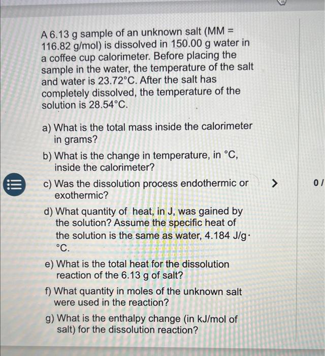 Solved A 6.13 g sample of an unknown salt (MM = 116.82 g/mol | Chegg.com
