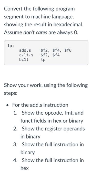 Solved Convert the following program segment to machine | Chegg.com