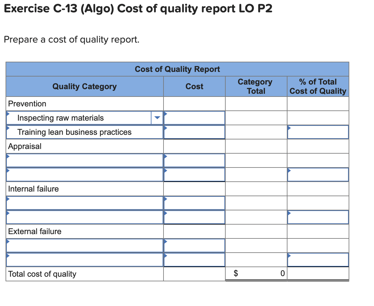 Solved Exercise C-13 (Algo) ﻿Cost of quality report LO | Chegg.com