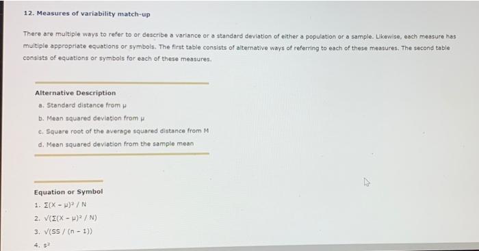 Solved 12. Measures of variability match-up There are | Chegg.com