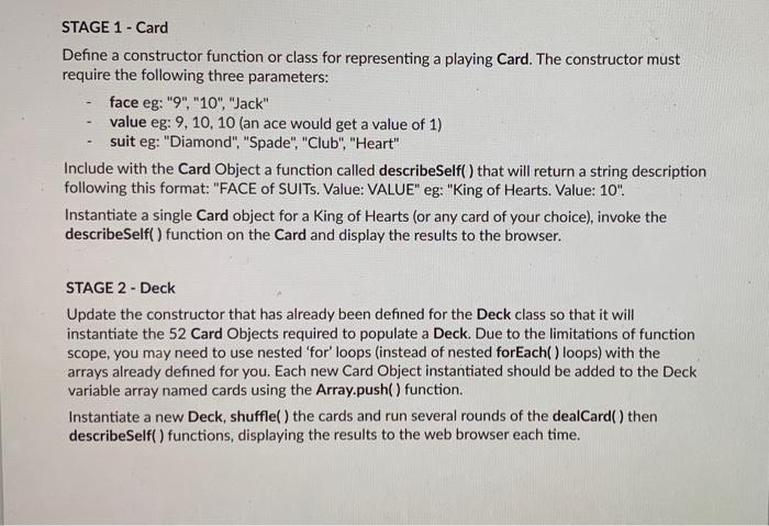 Solved STAGE 1 - Card Define a constructor function or class | Chegg.com