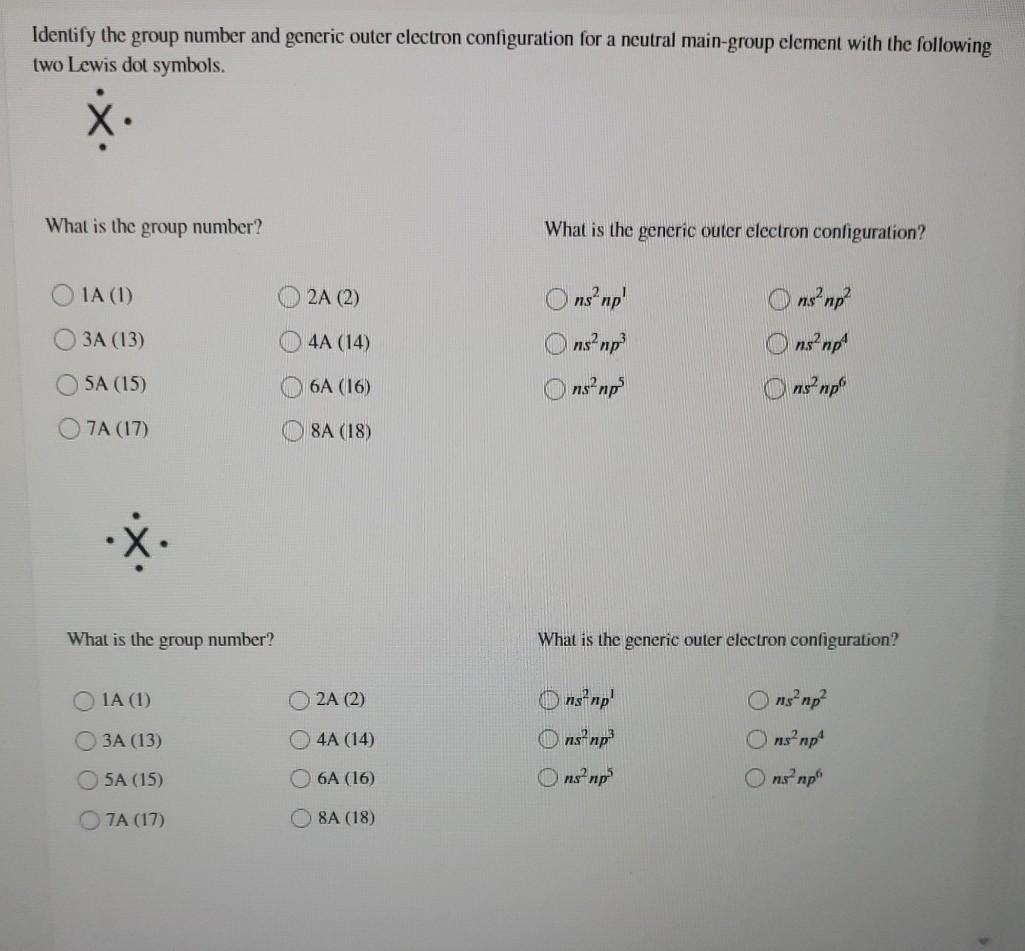 Solved Identify the group number and generic outer electron | Chegg.com