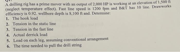 Solved A drilling rig has a prime mover with an output of | Chegg.com