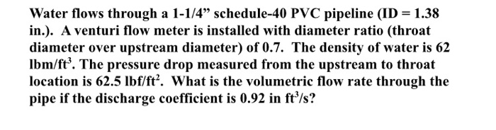 Solved Water flows through a 1-1/4" schedule-40 PVC pipeline | Chegg.com