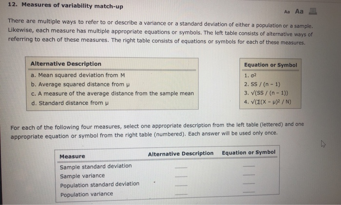 Solved 12. Measures of variability match-up Aa Aa E There | Chegg.com
