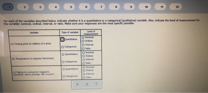 Solved 2 3 5 7 8 10 11 12 For each of the variables | Chegg.com