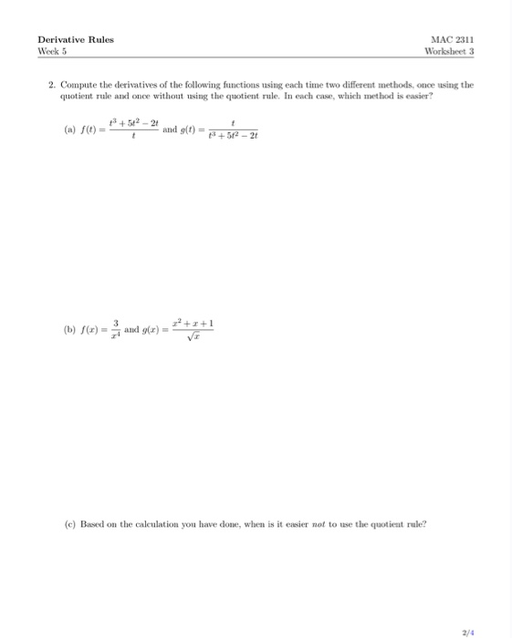 Solved Derivative Rules Week 5 MAC 2311 Worksheet 3 2. | Chegg.com