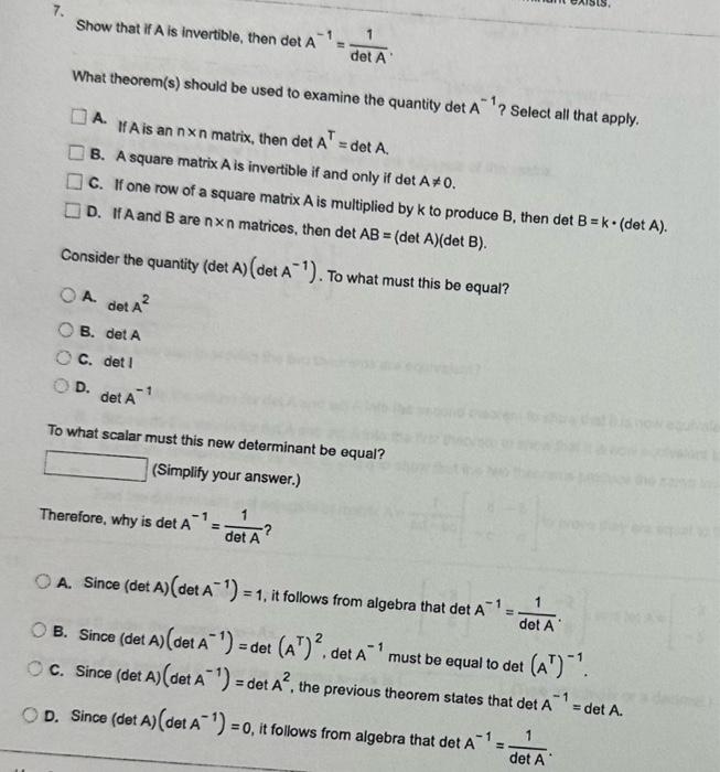 Solved Show that if A is invertible, then detA−1=detA1. What | Chegg.com