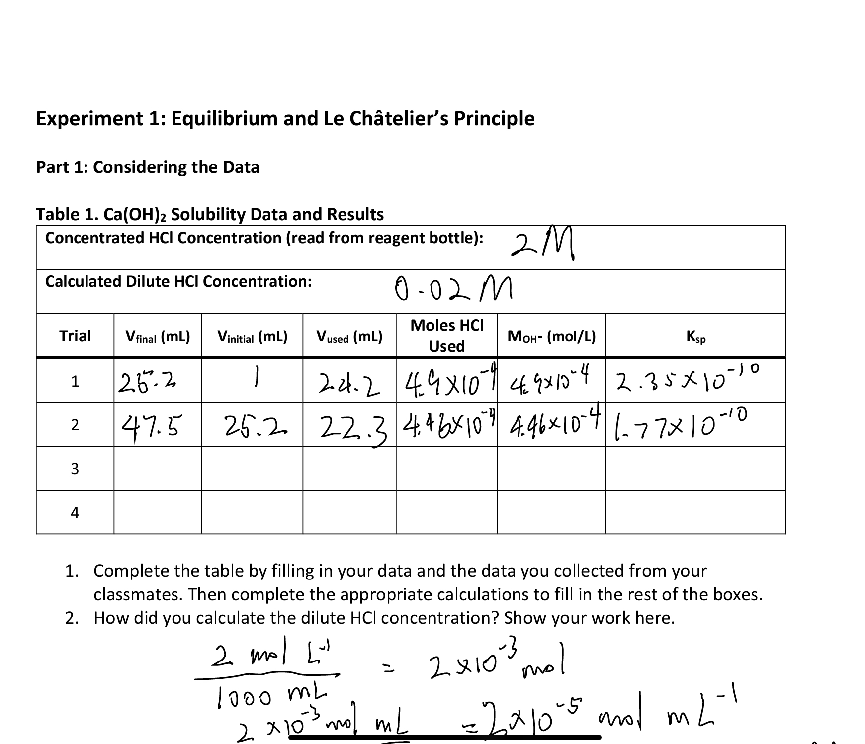 Experiment 1: Equilibrium and Le Châtelier's | Chegg.com