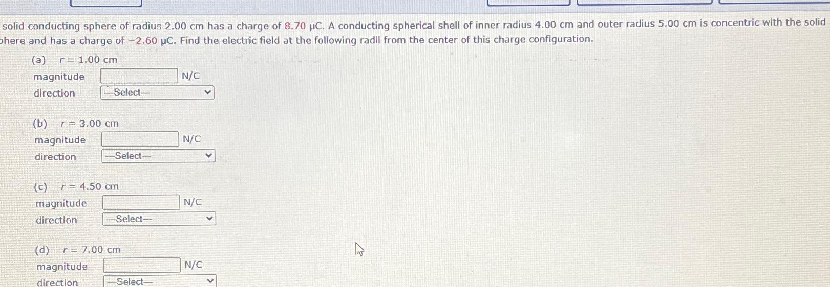 Solved solid conducting sphere of radius 2.00cm has a charge | Chegg.com