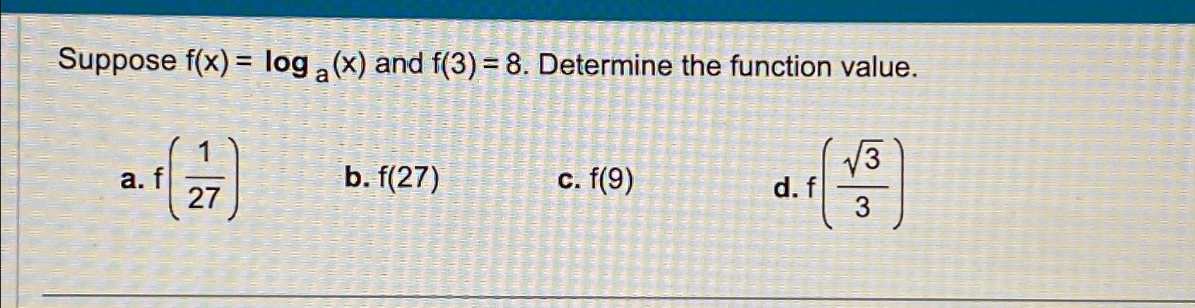 Solved Suppose f(x)=loga(x) ﻿and f(3)=8. ﻿Determine the | Chegg.com