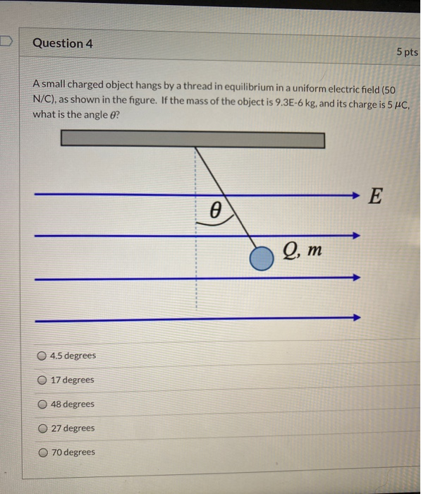 Solved Question 4 5 pts A small charged object hangs by a | Chegg.com
