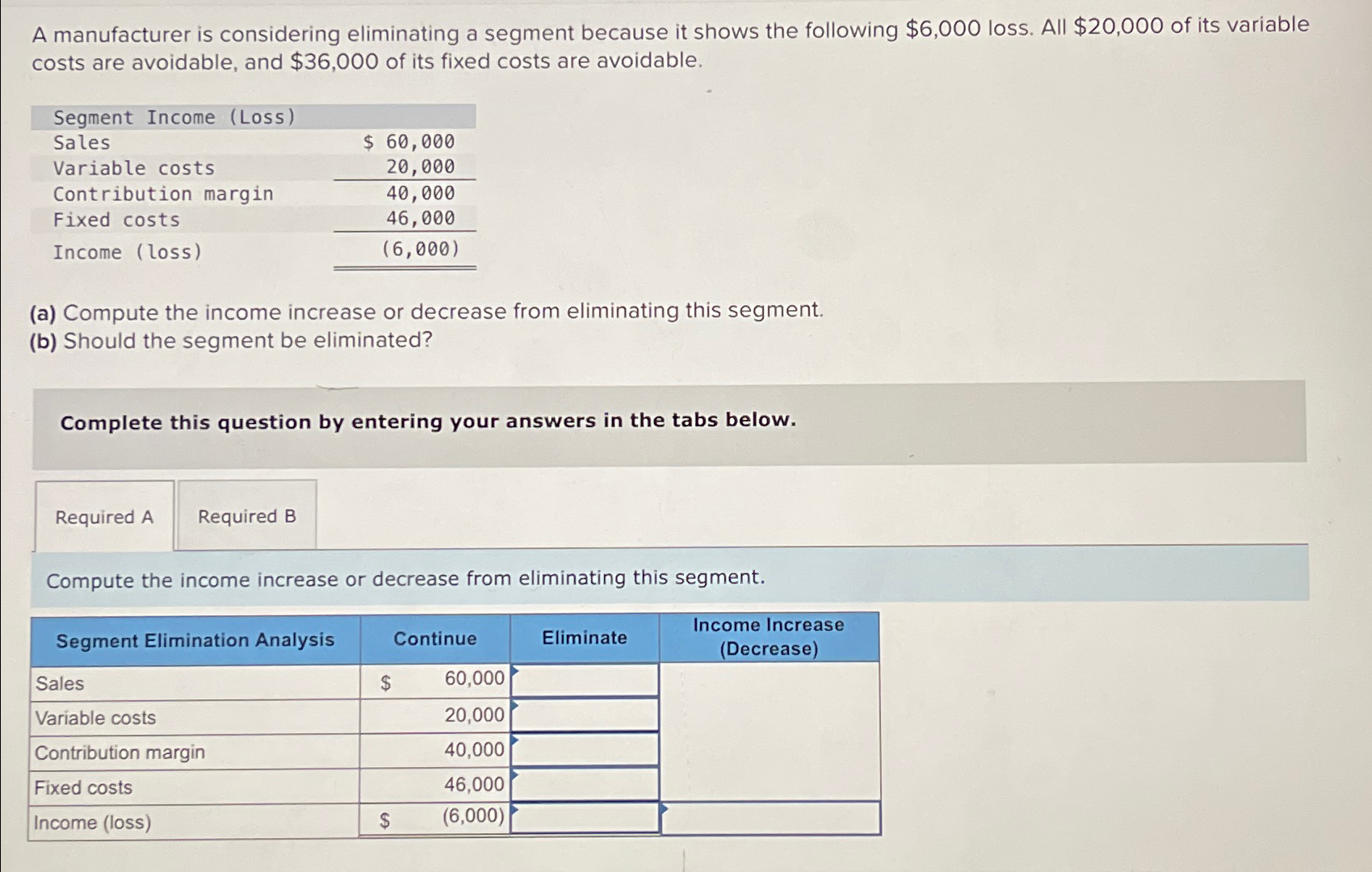 Solved A manufacturer is considering eliminating a segment | Chegg.com