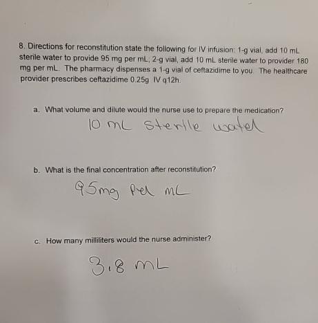 Solved Directions for reconstitution state the following for | Chegg.com