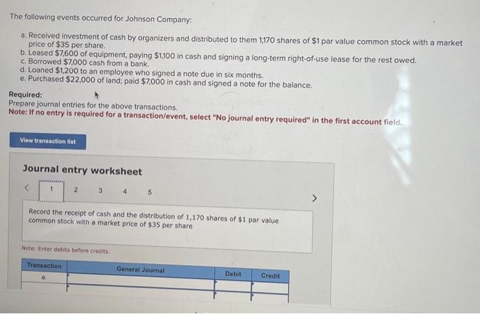 Solved The following events occurred for Johnson Company: a. | Chegg.com