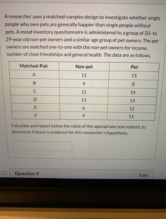 Solved A researcher uses a matched-samples design to | Chegg.com