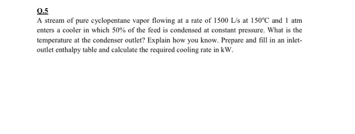 Solved 0.5 A stream of pure cyclopentane vapor flowing at a | Chegg.com