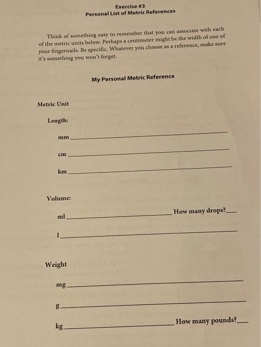 Solved Exercise #3 Personal List of Metric References Think | Chegg.com